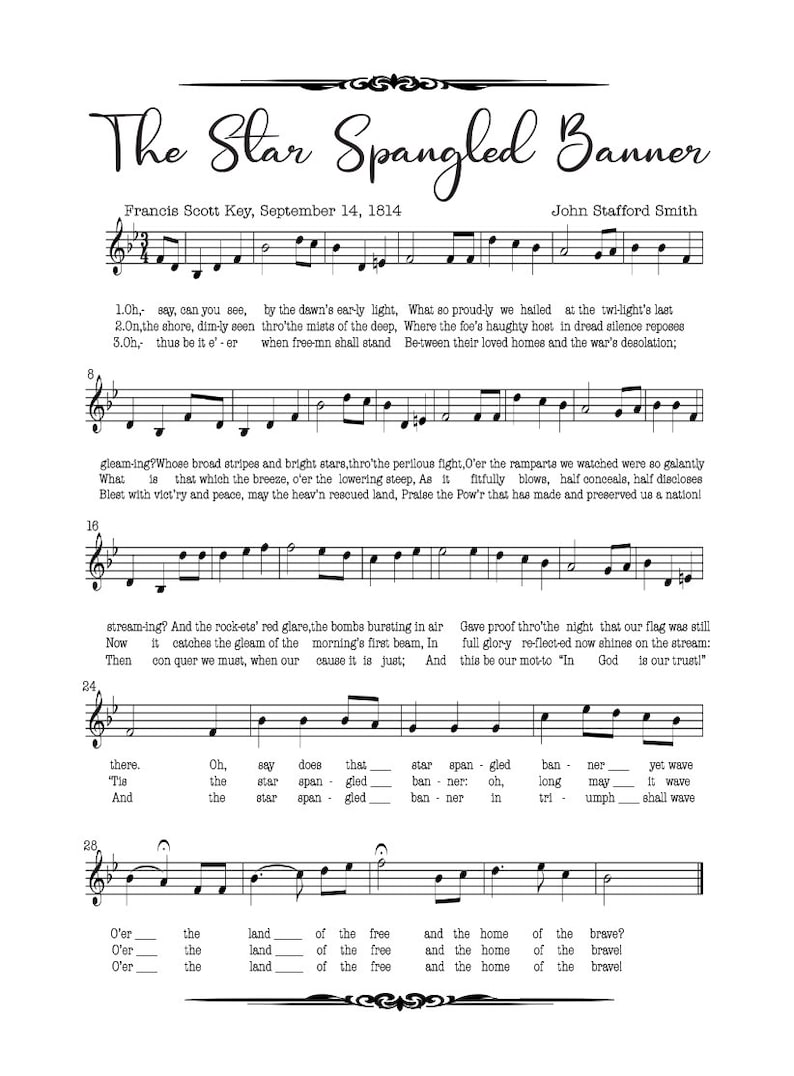 The Star Spangled Banner Sheet Music Digital Print, National Anthem ...