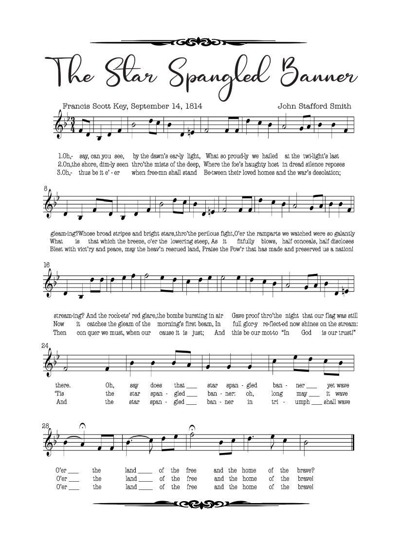 The Star Spangled Banner Sheet Music Digital Print, National Anthem ...