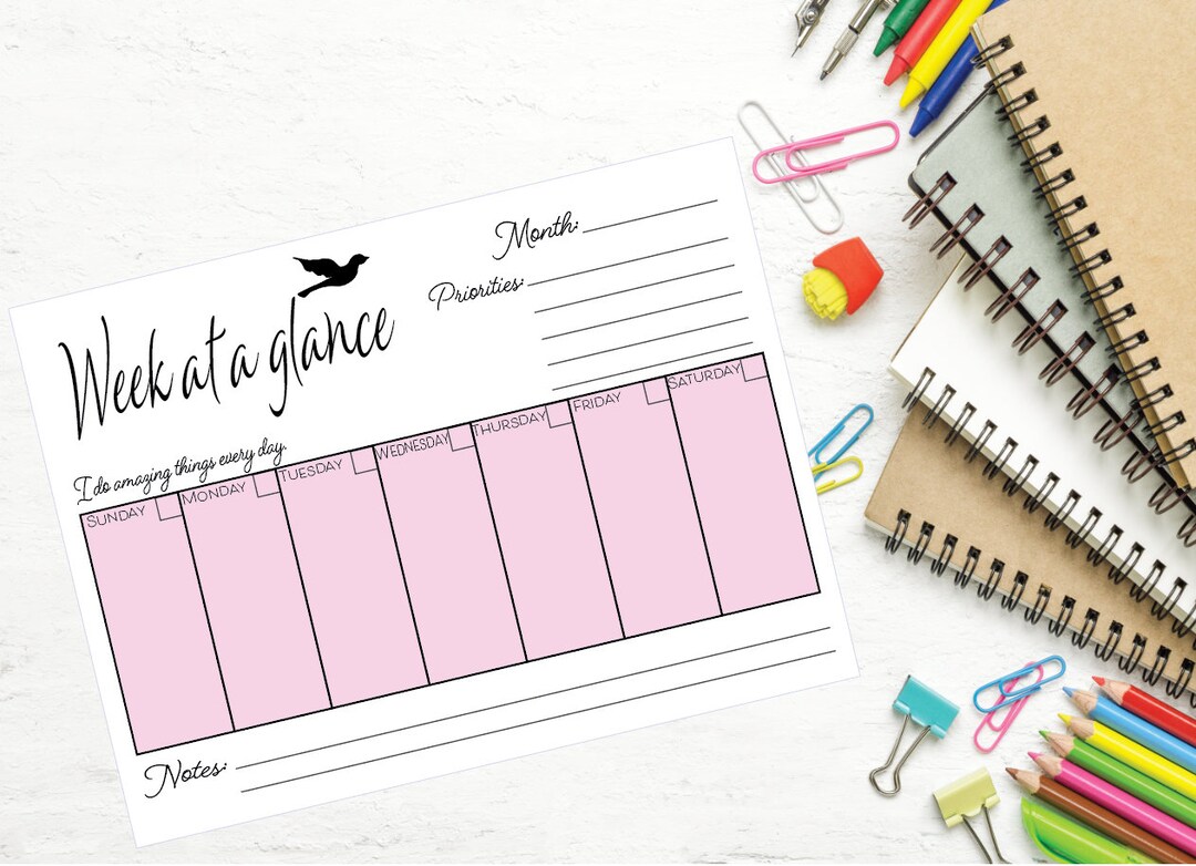 Printable Weekly Planner, Week at a Glance PDF, Weekly Summary PDF ...