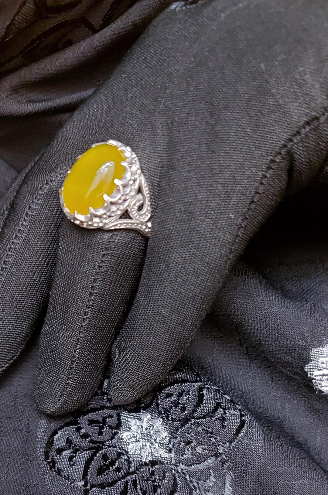 Real Sharaf Al Shams Yellow Aqeeq Agate 925 Silver Mount Shia Ring ...