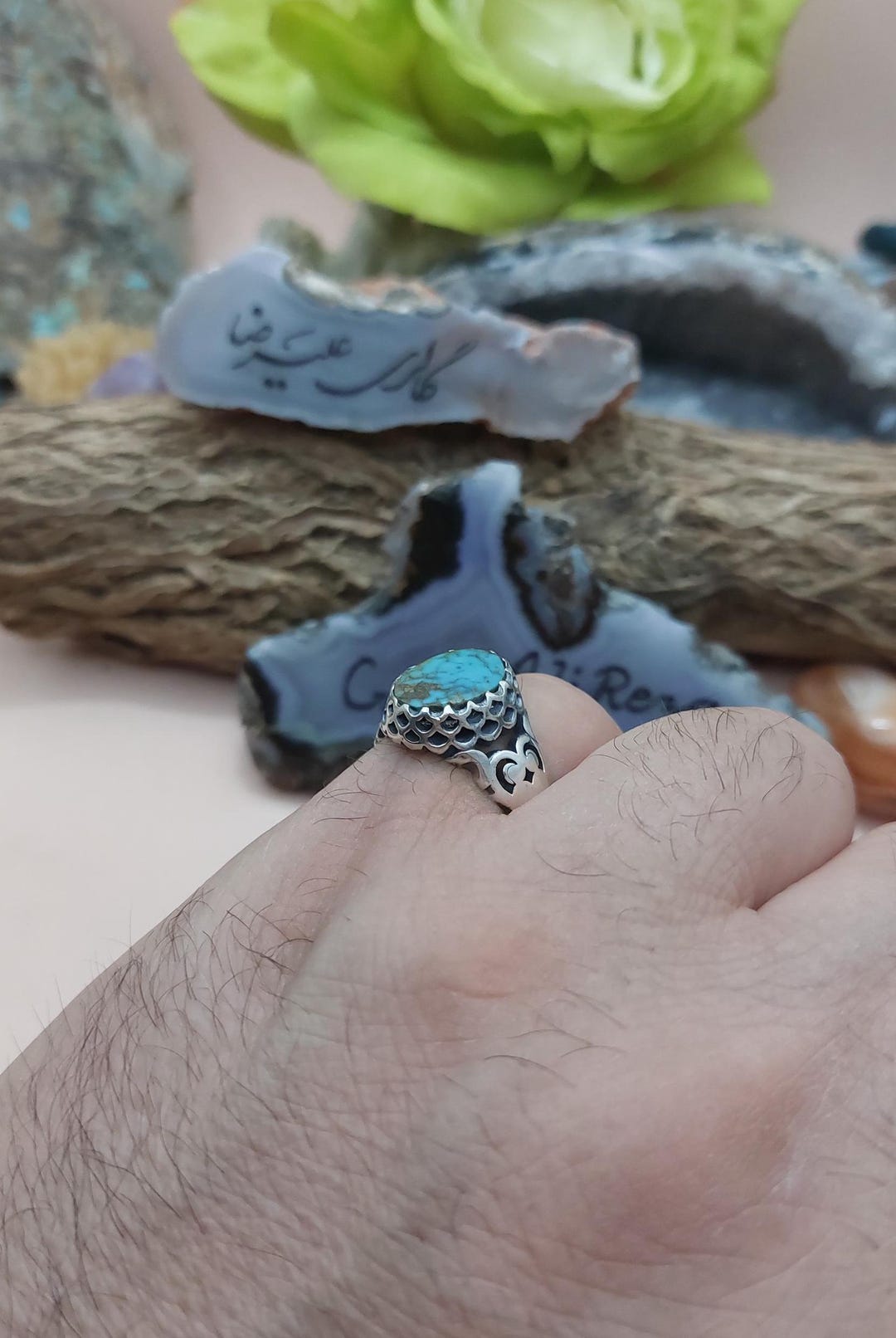Genuine Feroza Nishapuri Shajar 925 Silver Bague Turquoise Natural ...
