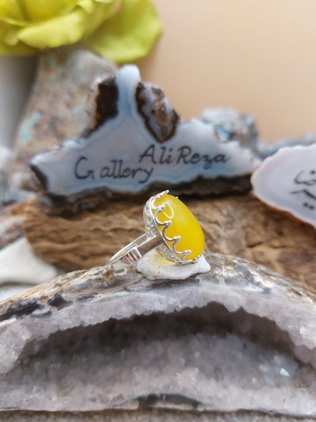 Sharaf Al Shams Yellow Aqeeq 925 Sterling Silver Ring, Islamic Talisman ...