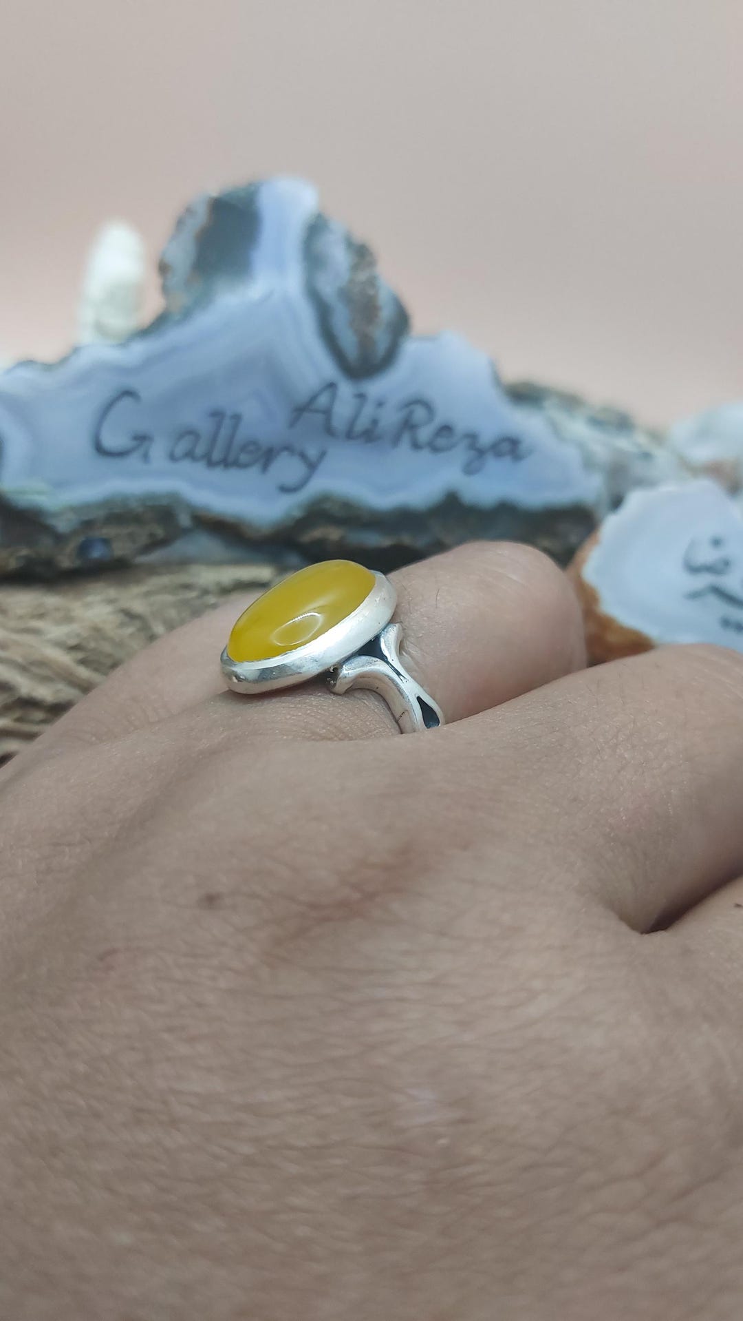 Sharaf Al Shams Yellow Aqeeq 925 Sterling Silver Ring Muslim Hirz ...