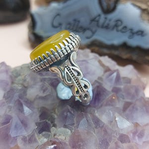 Real Sharaf Al Shams Yellow Aqeeq Agate 925 Silver Mount Shia Ring ...