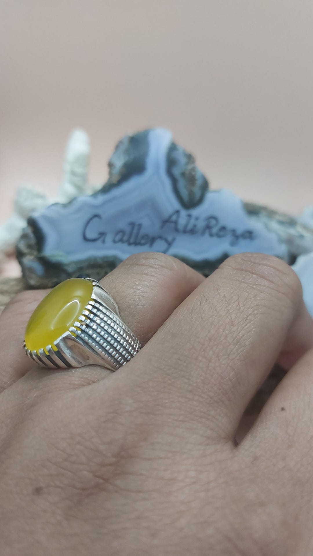 Real Sharaf Al Shams Yellow Aqeeq Agate 925 Silver Mount Shia Ring ...