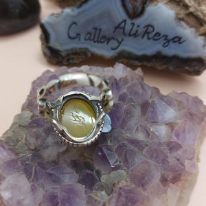 Real Sharaf Al Shams Yellow Aqeeq Agate 925 Silver Mount Shia Ring ...