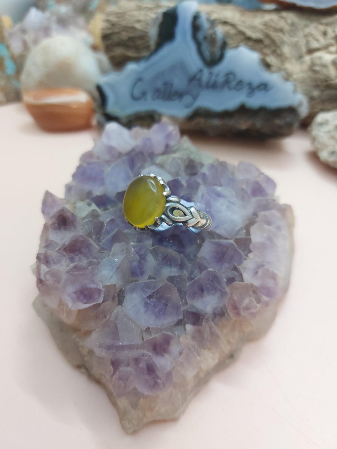Real Sharaf Al Shams Yellow Aqeeq Agate 925 Silver Mount Shia Ring ...