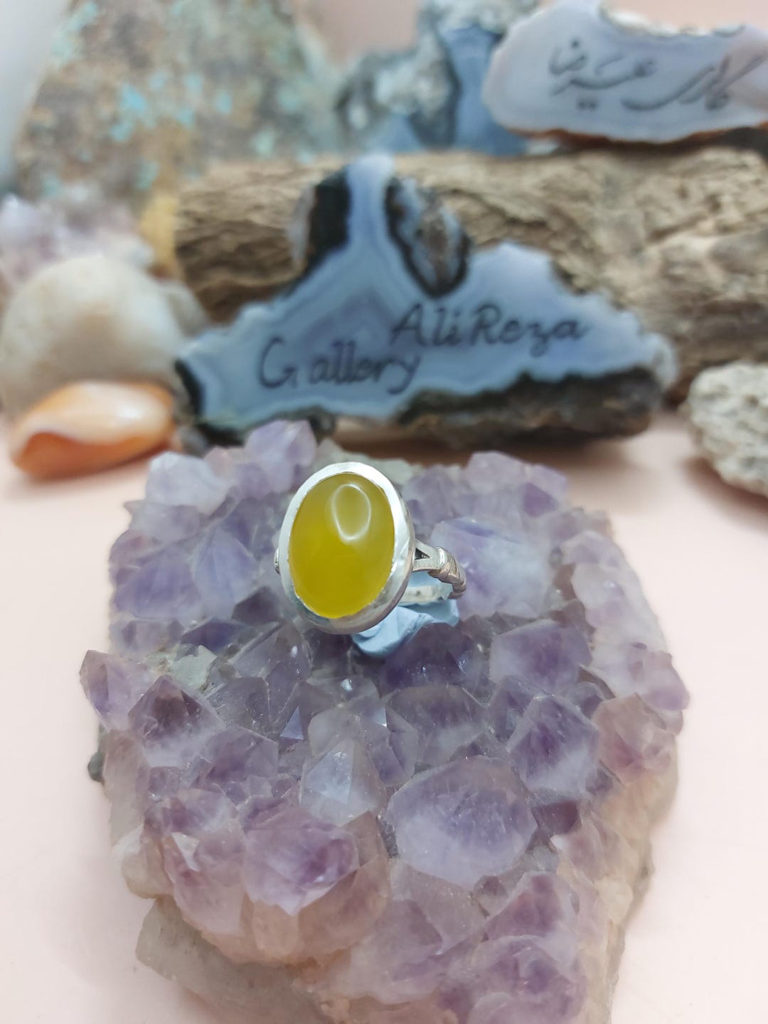 Real Sharaf Al Shams Yellow Aqeeq Agate 925 Silver Mount Shia Ring ...