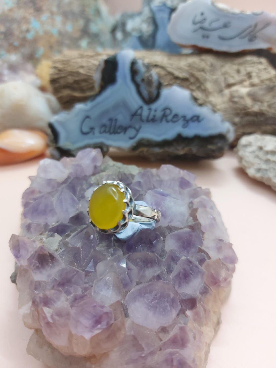 Real Sharaf Al Shams Yellow Aqeeq Agate 925 Silver Mount Shia Ring ...