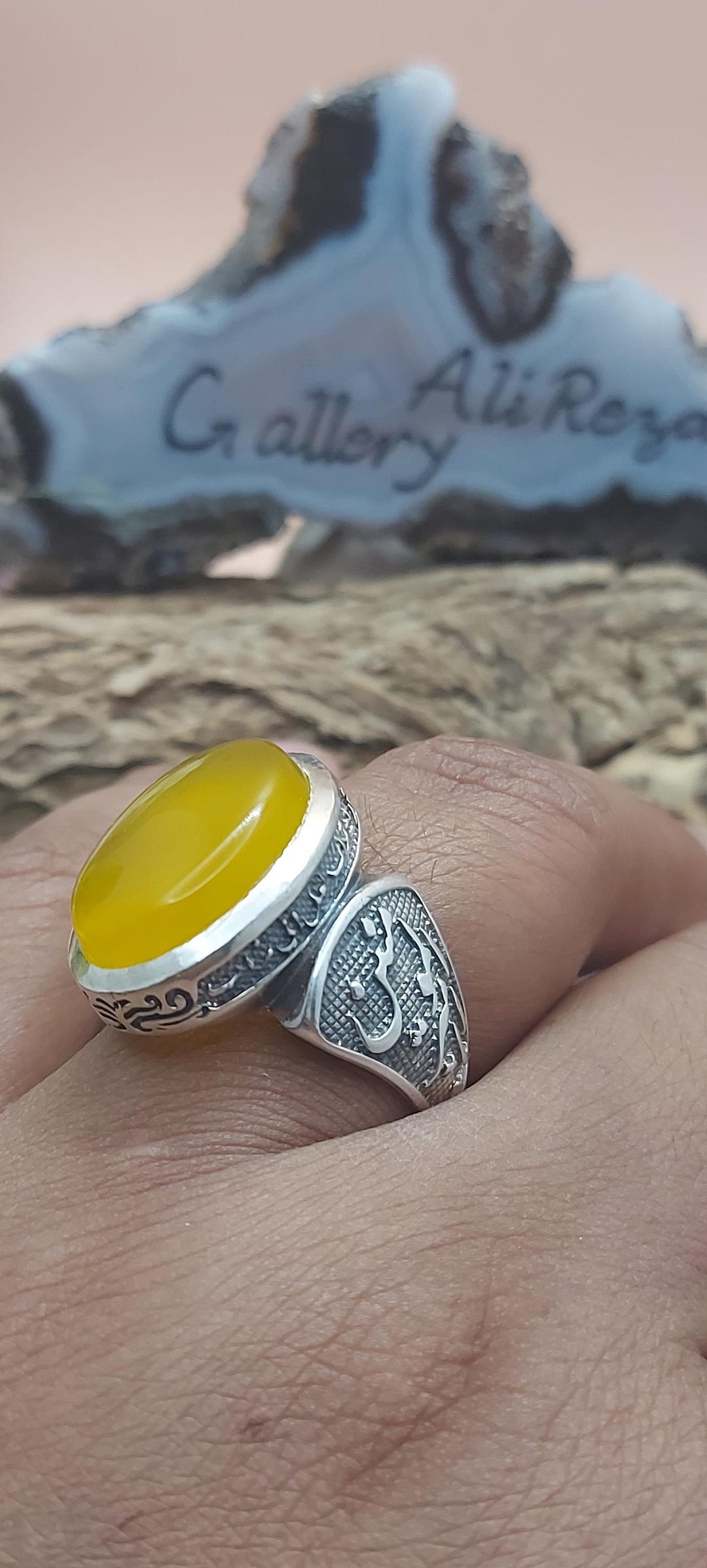 Real Sharaf Al Shams Yellow Aqeeq Agate 925 Silver Mount Shia Ring ...