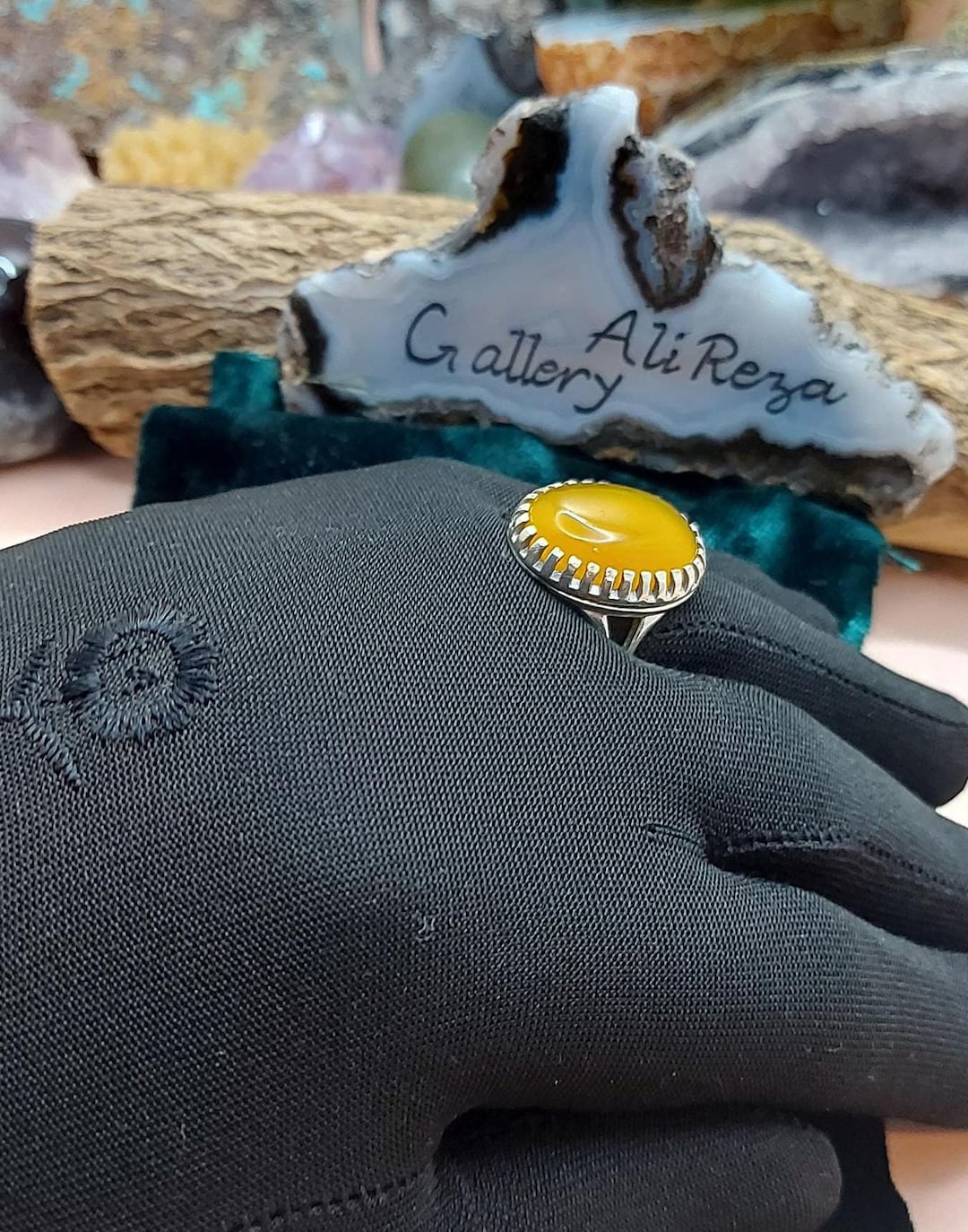 Real Sharaf Al Shams Yellow Aqeeq Agate 925 Silver Mount Shia Ring ...
