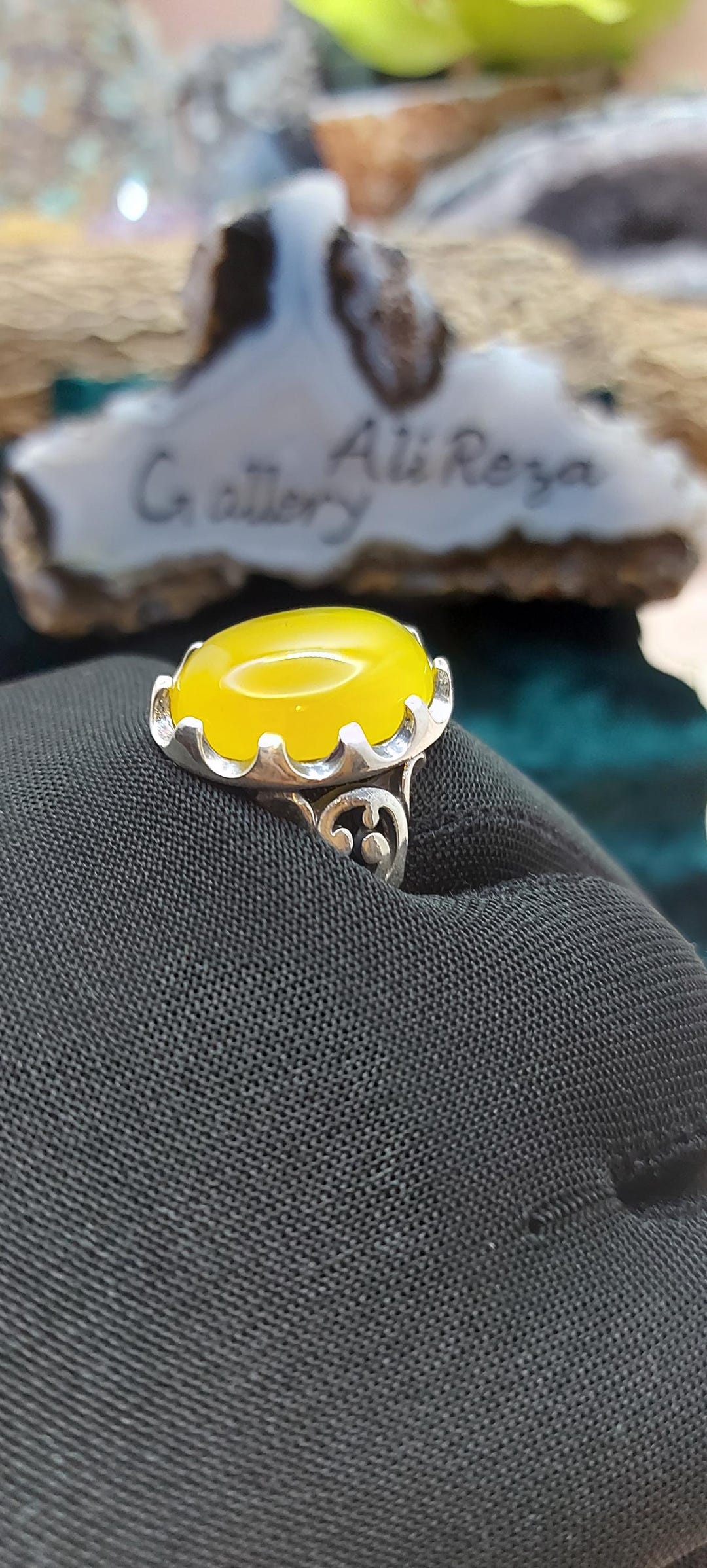 Real Sharaf Al Shams Yellow Aqeeq Agate 925 Silver Mount Shia Ring ...