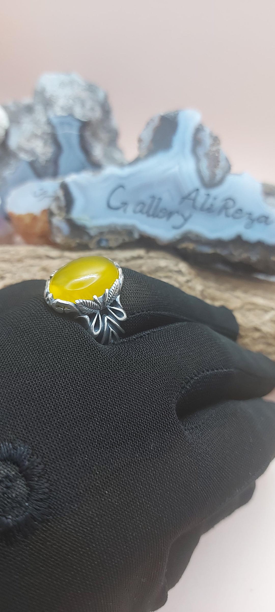 Real Sharaf Al Shams Yellow Aqeeq Agate 925 Silver Mount Shia Ring ...