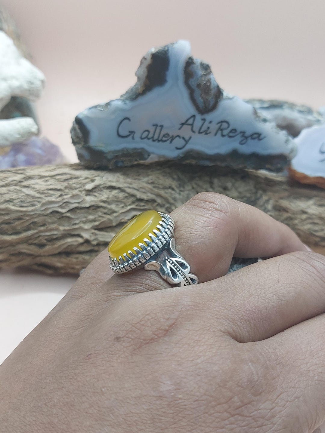 Real Sharaf Al Shams Yellow Aqeeq Agate 925 Silver Mount Shia Ring ...