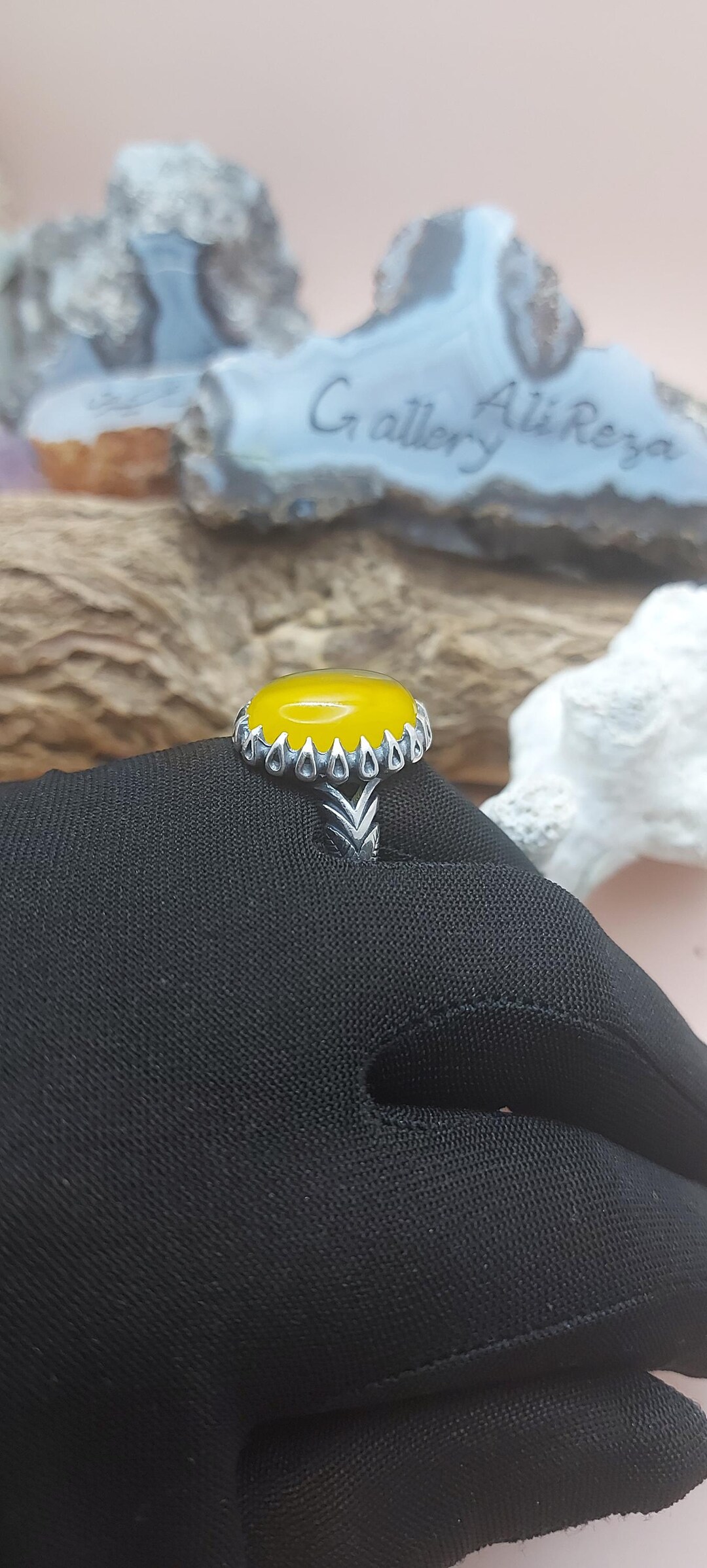 Real Sharaf Al Shams Yellow Aqeeq Agate 925 Silver Mount Shia Ring ...