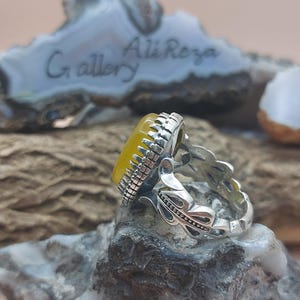 Real Sharaf Al Shams Yellow Aqeeq Agate 925 Silver Mount Shia Ring ...
