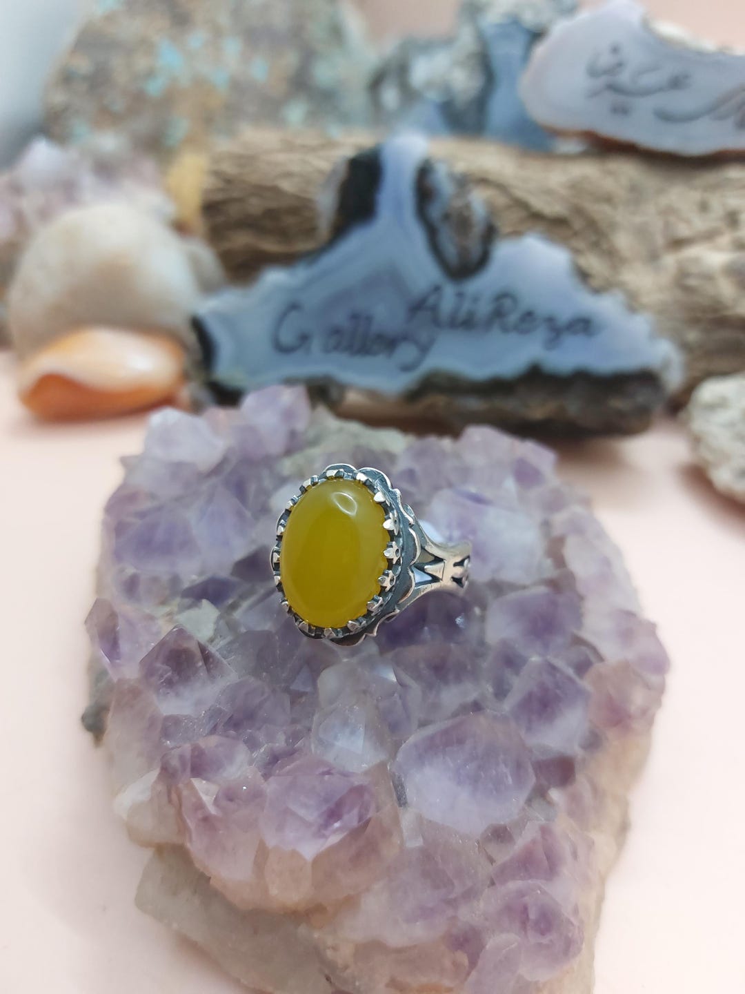 Real Sharaf Al Shams Yellow Aqeeq Agate 925 Silver Mount Shia Ring ...