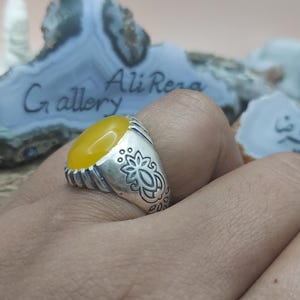 Real Sharaf Al Shams Yellow Aqeeq Agate 925 Silver Mount Shia Ring ...