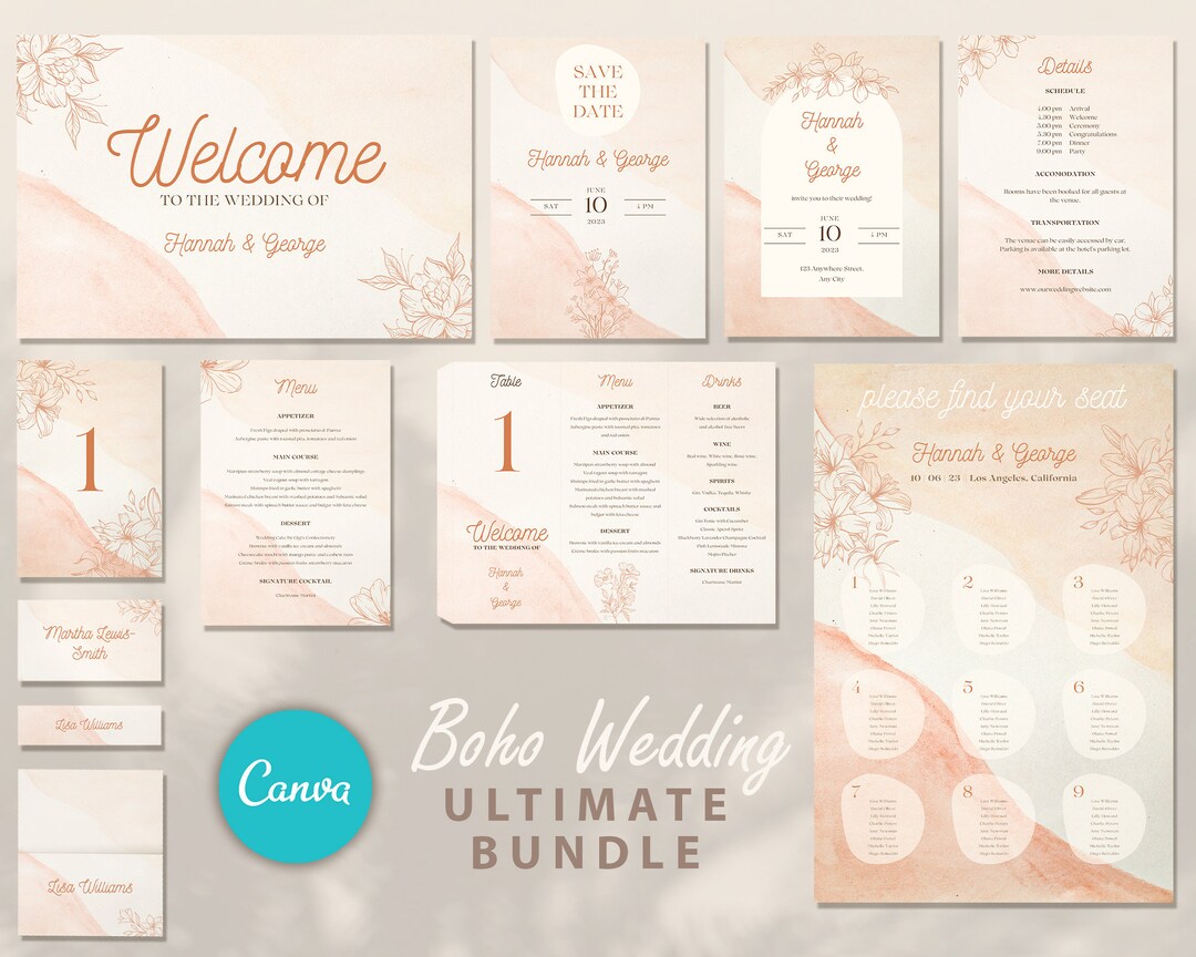 Customizable Boho Wedding Templates ULTIMATE BUNDLE in Canva | Editable ...