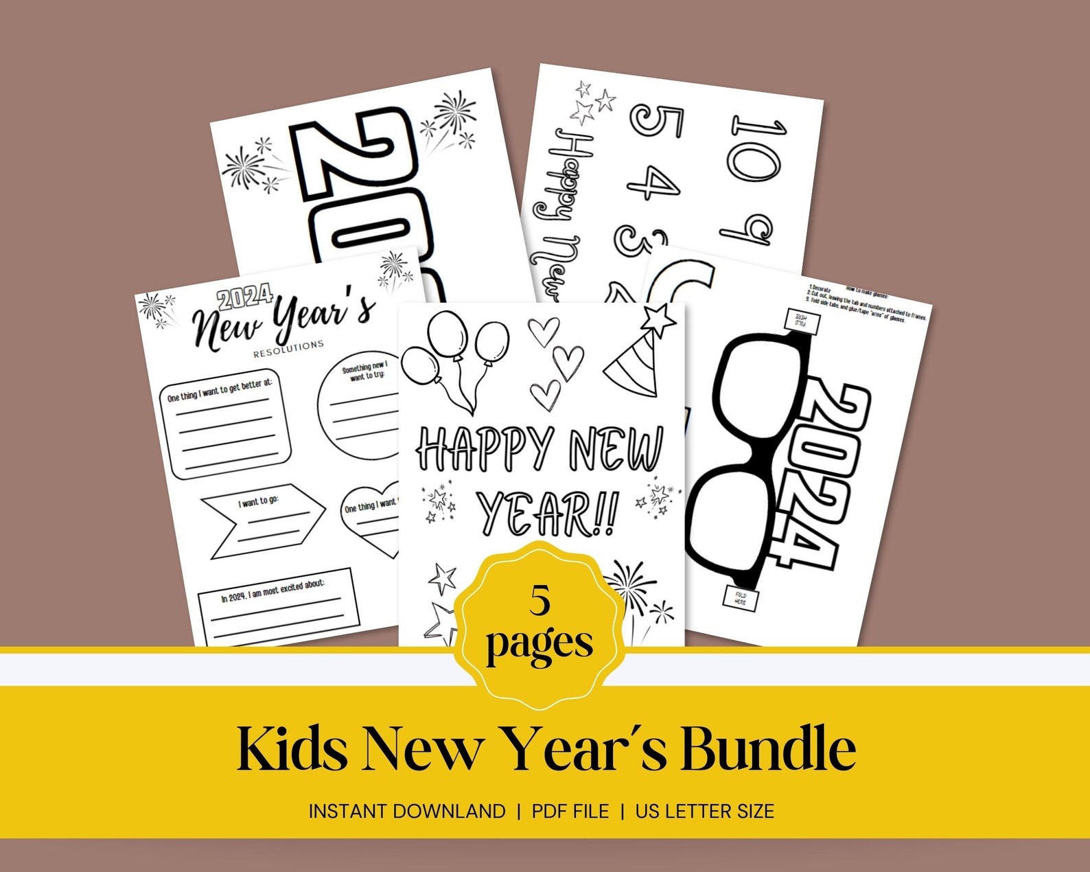 Kids New Year's Bundle, New Year's Coloring Pages, 2024 Glasses, Kids ...