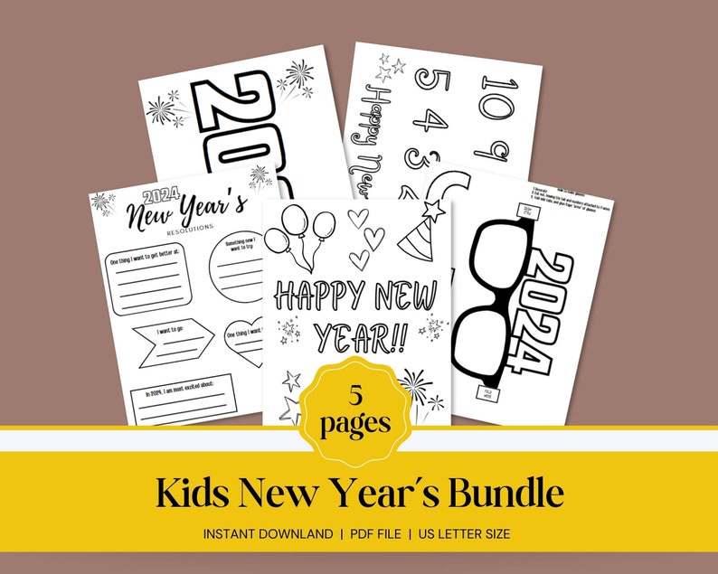 Kids New Year's Bundle, New Year's Coloring Pages, 2024 Glasses, Kids ...