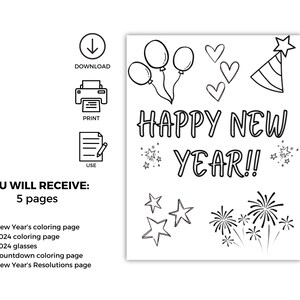 Kids New Year's Bundle, New Year's Coloring Pages, 2024 Glasses, Kids ...