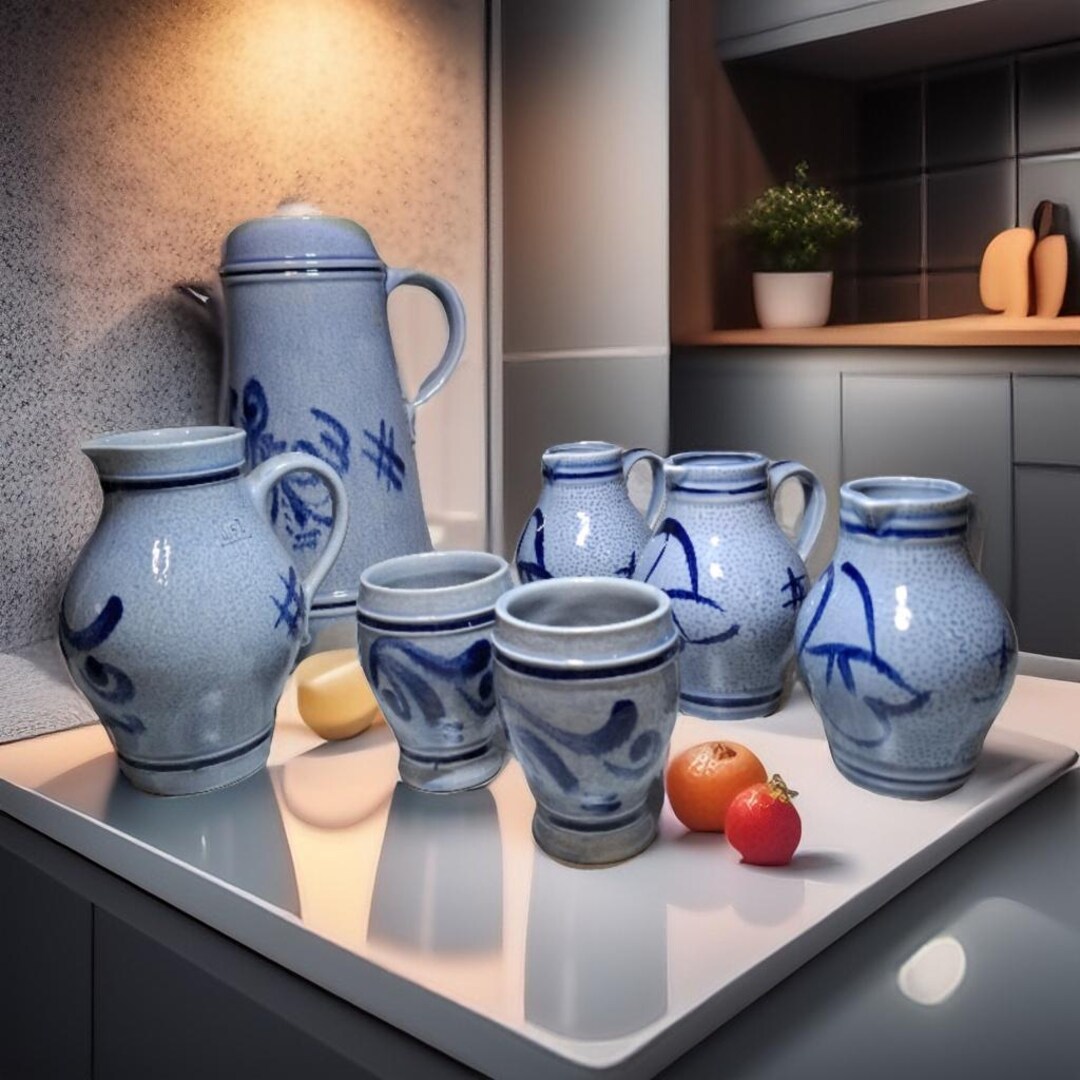 Vintage German Stoneware Pitcher and Mug Set 7 Pieces Blue Salt Glaze ...