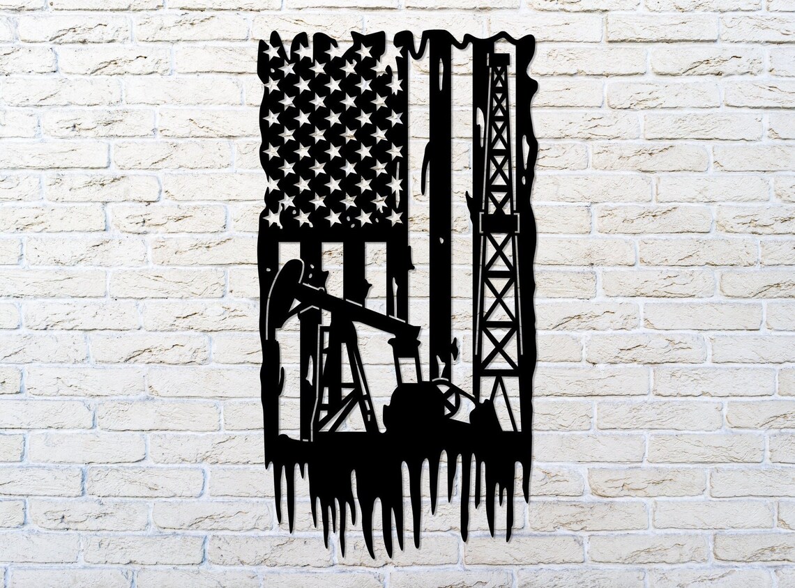 Oil Rig With Flag Metal Sign, Oil Rig American Flag, Oilfield Wall Art ...