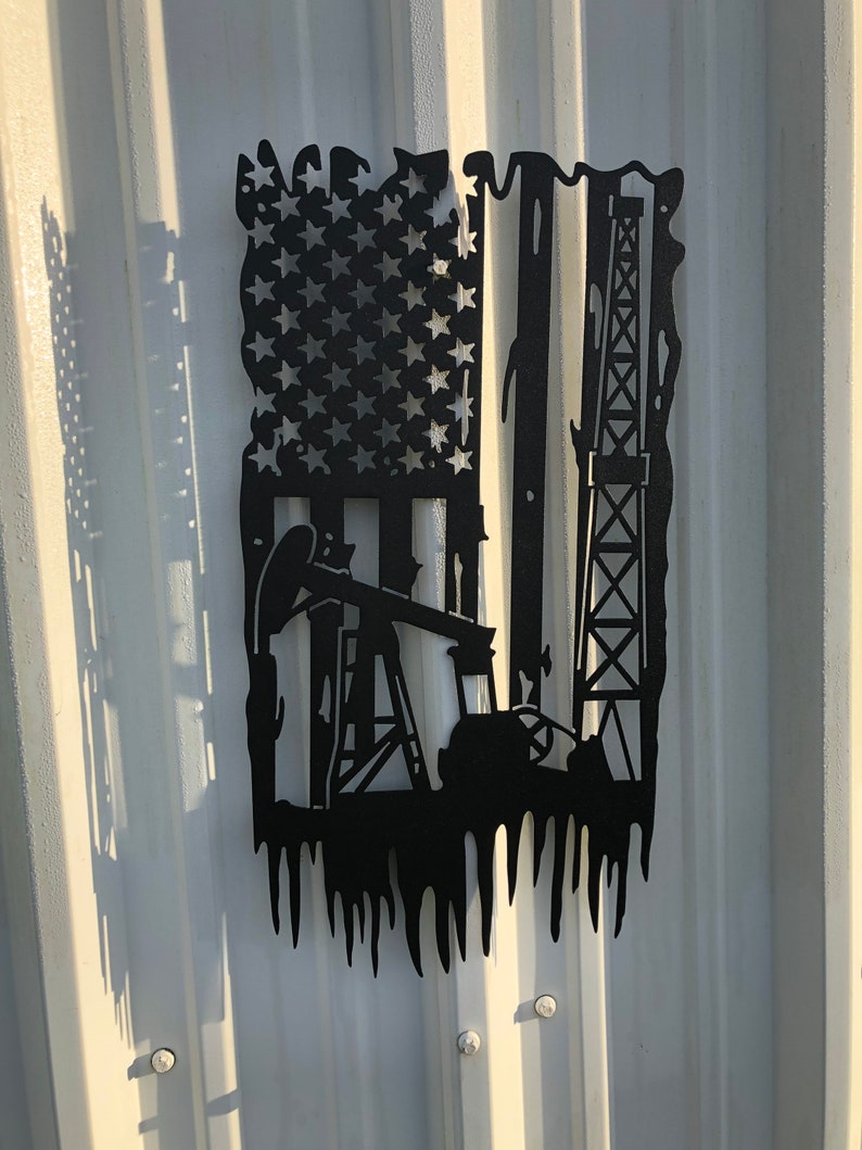 Oil Rig With Flag Metal Sign, Oil Rig American Flag, Oilfield Wall Art ...