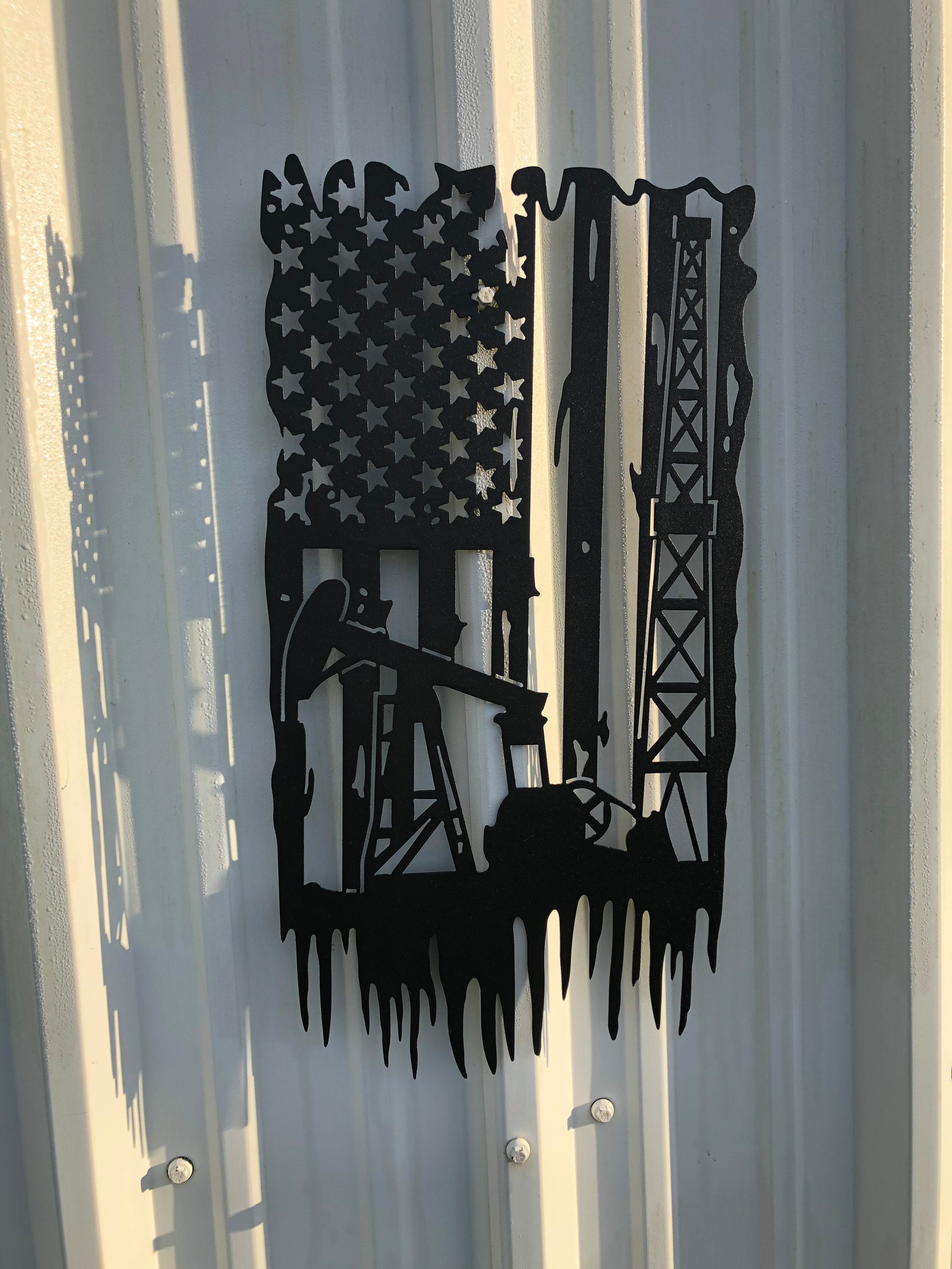 Oil Rig With Flag Metal Sign, Oil Rig American Flag, Oilfield Wall Art ...