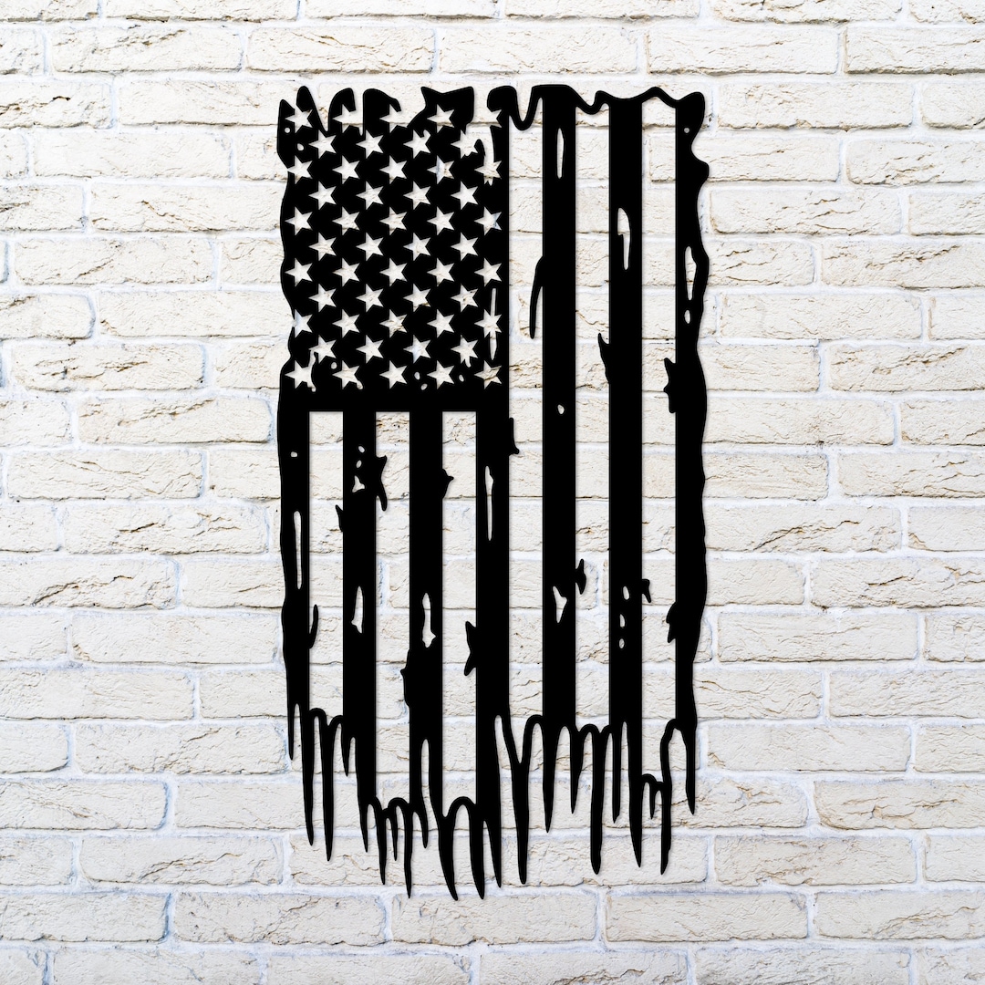 Metal Vertical Tattered Flag, American Flag Decor, Metal Flag, Tattered ...