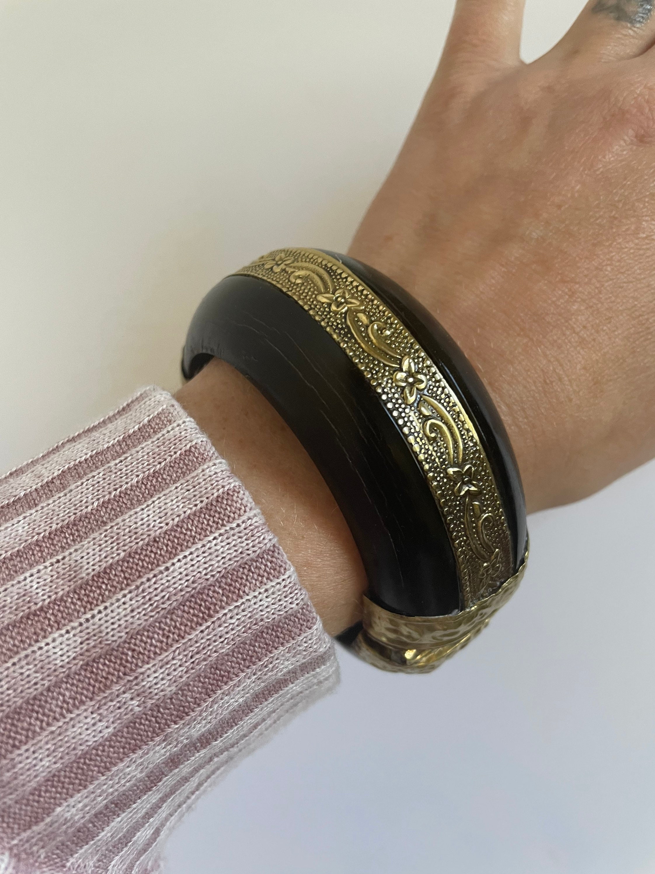 Vintage Wood Gold Brass Metal Bangle Bracelet Circa 1970s 70s - Etsy