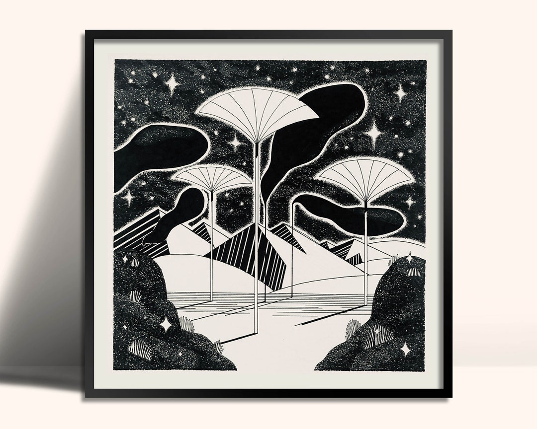 Drawing of Egyptian Pyramids in Black Indian Ink for Interior ...