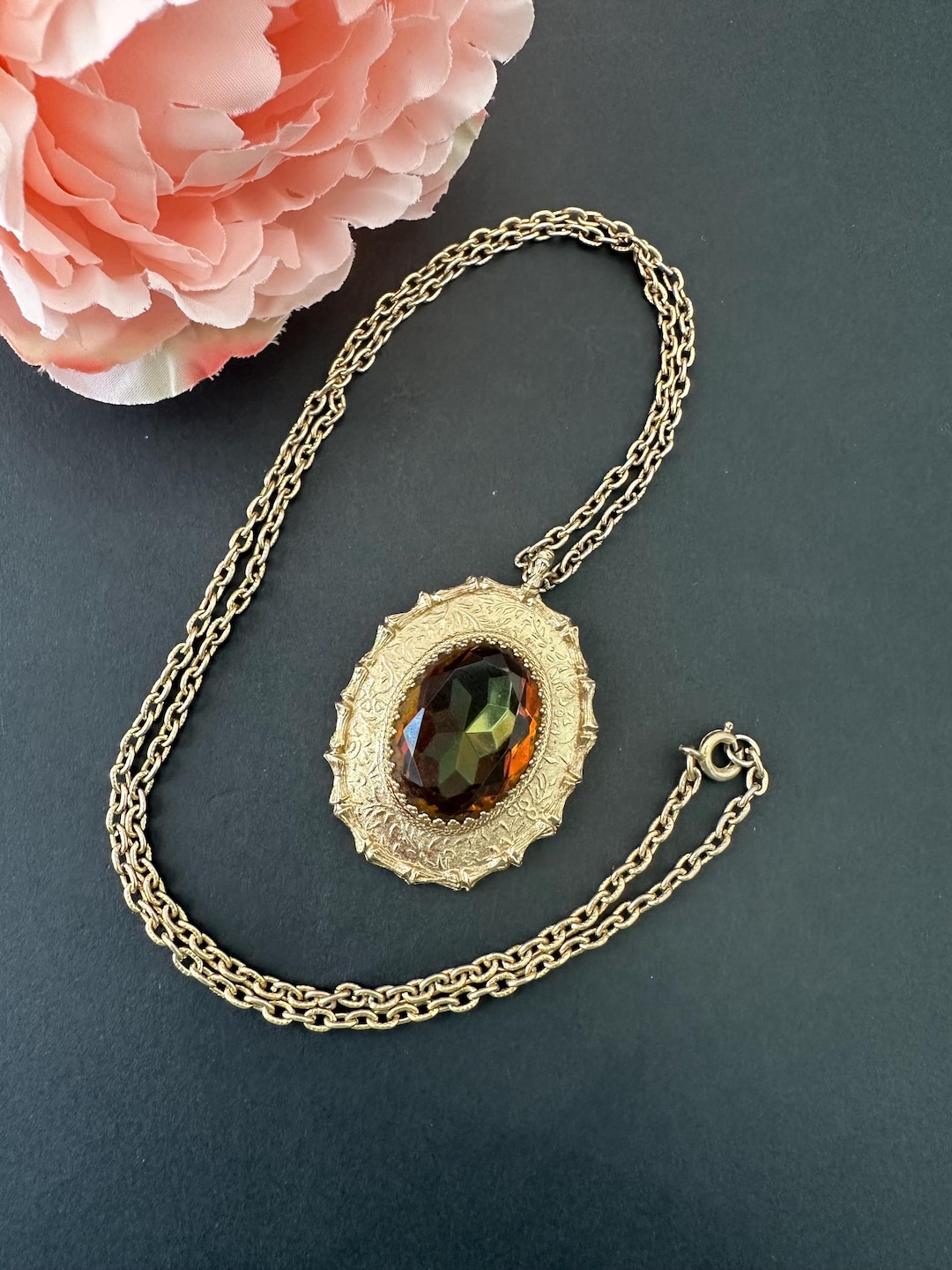 Signed Sarah Coventry Pendant on Long Gold Tone Chain | Faceted Glass ...