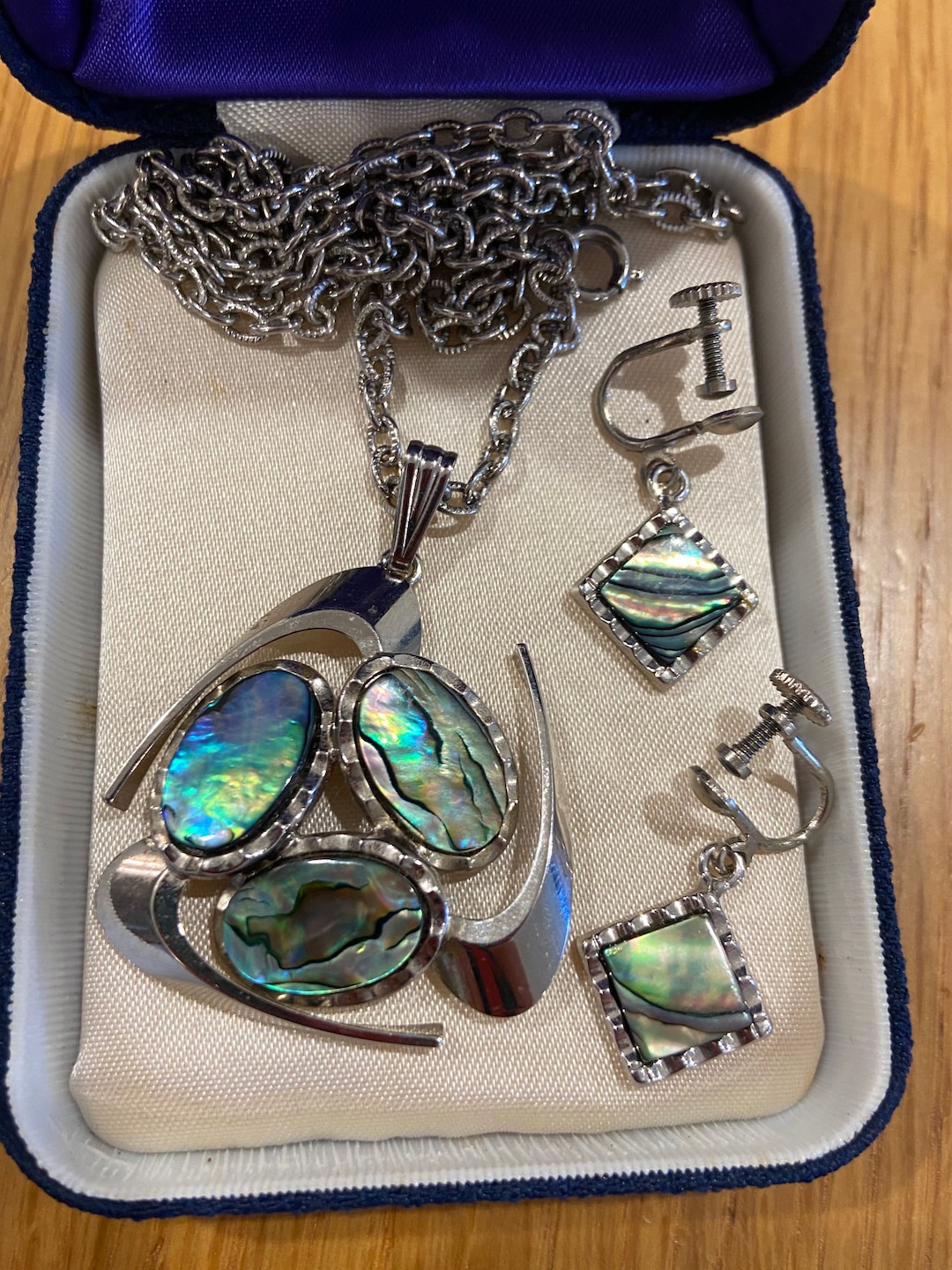 Ariki Paua Shell Earrings and Necklace Set Rhodium Plate NZ Vintage ...