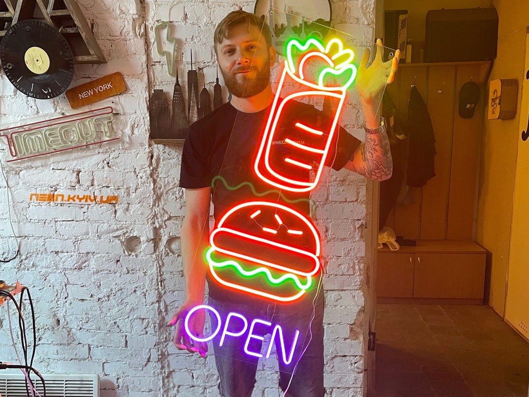 Custom Open Burger Neon Sign Big Cute Design LED Light Personalized ...
