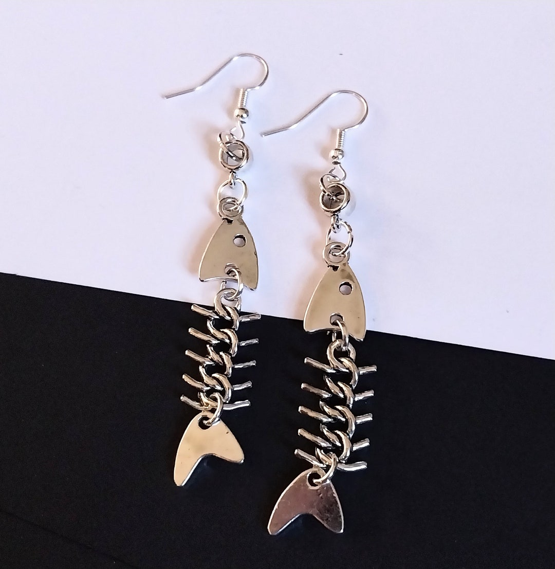 Articulated Silver Fishbone Earrings, Fish Skeleton Earrings, Fish Bone ...