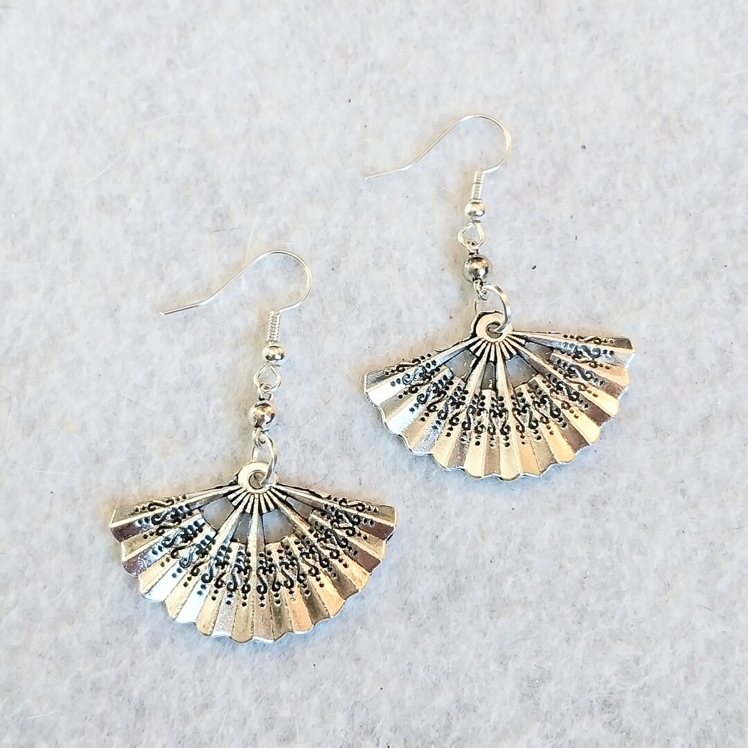 Silver Folding Fan Dangling Earrings, With Hypoallergenic and Nickel ...