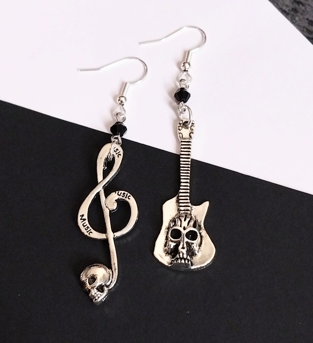 Skull Musical Note and Skull Guitar Dangling Earrings, With ...