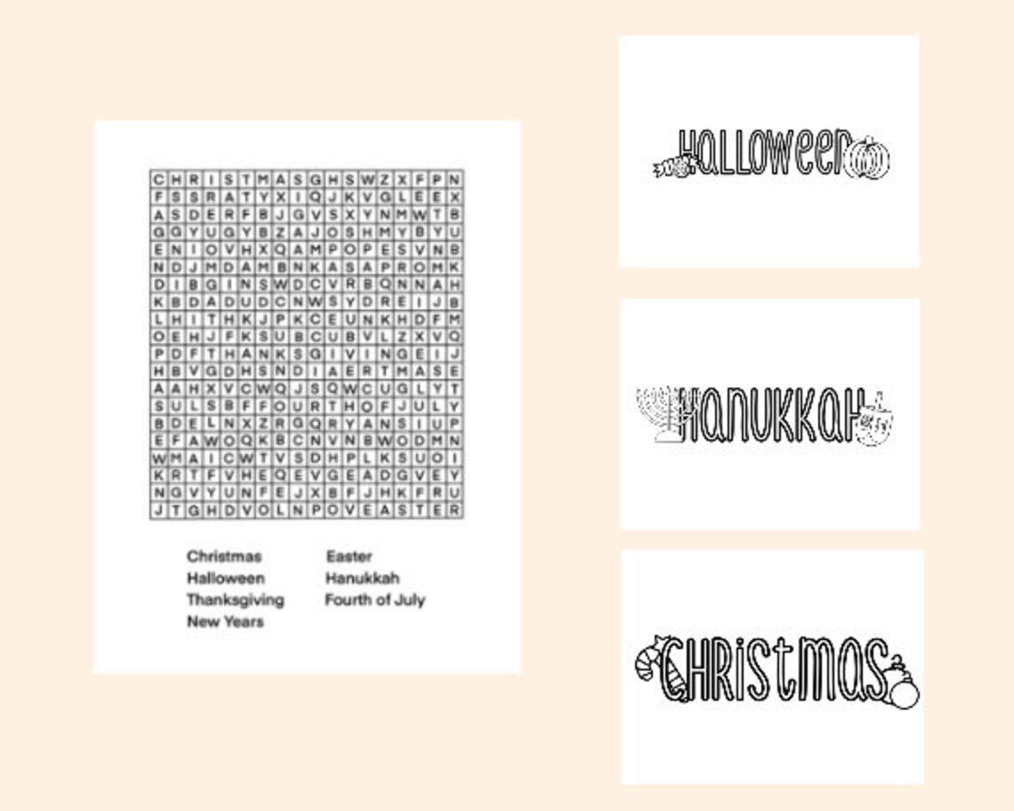 Holiday Word Search and Holiday Coloring Sheets| PDF Digital Download ...