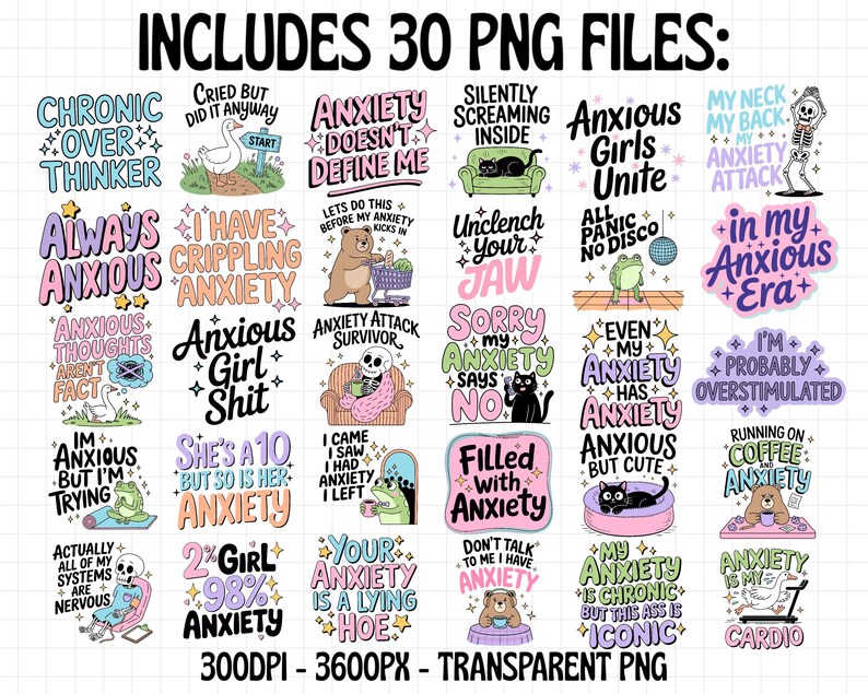 Cute but Anxious PNG Bundle, Trendy PNG Bundle, Funny Girly Mental ...