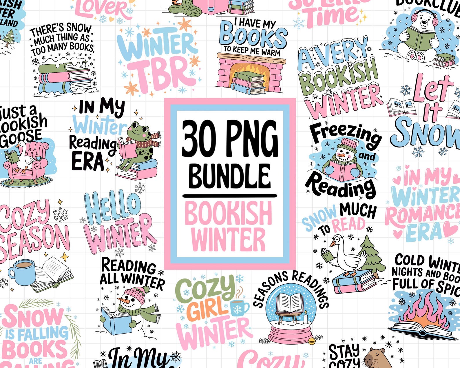 Bookish Winter PNG Bundle, Trendy PNG Bundle, Cozy Holiday Book Lover ...