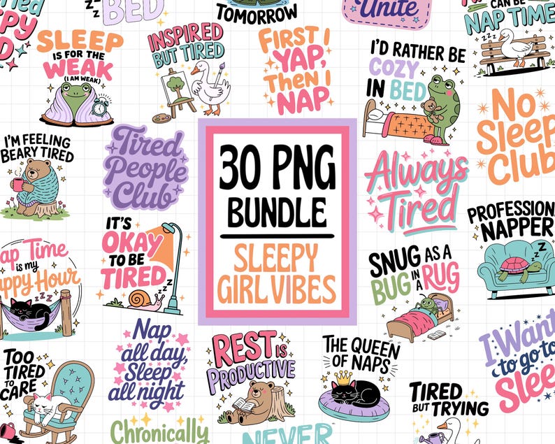 Sleepy Girl Vibes PNG Bundle, Trendy PNG Bundle, Funny Animal Png ...