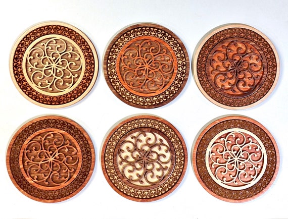 Rosette Wooden Waterproof Coasters Set of 6 Handmade - Etsy