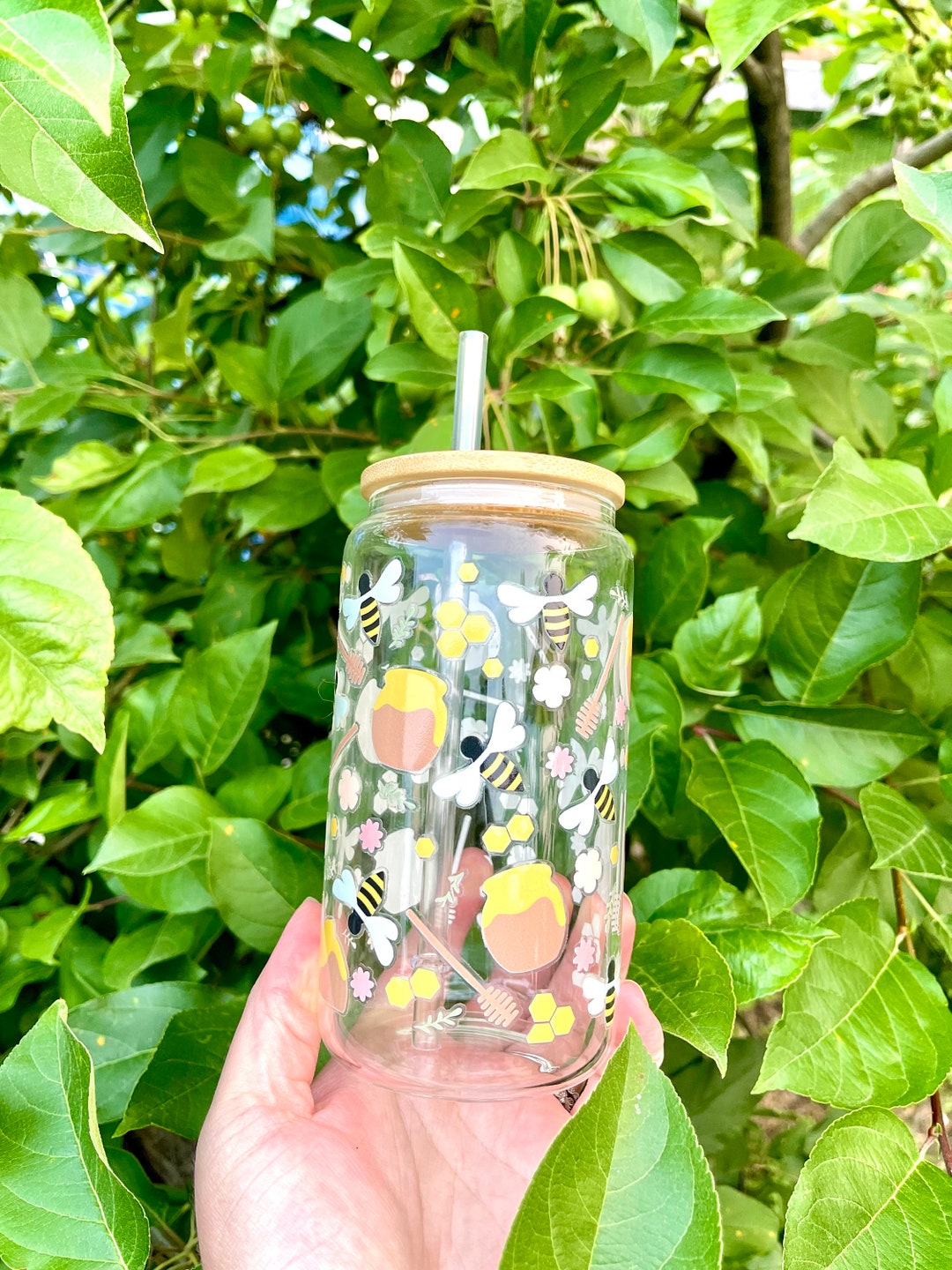 16oz Glass Can Bees and Honey, Glass Cup, Cute Bee Cup, Bees Lover ...