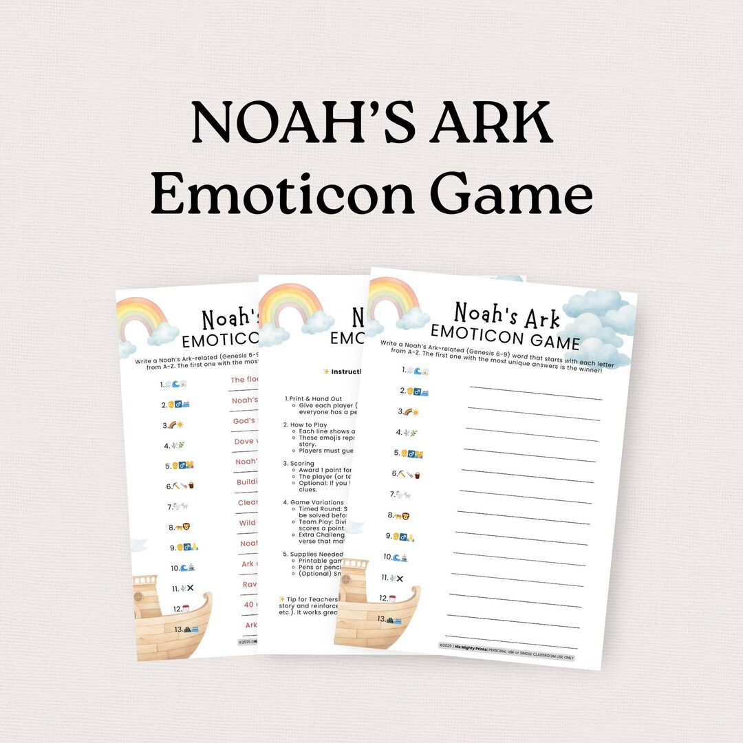 Noah's Ark Emoticon Guessing Game Printable, Christian Bible Activity ...
