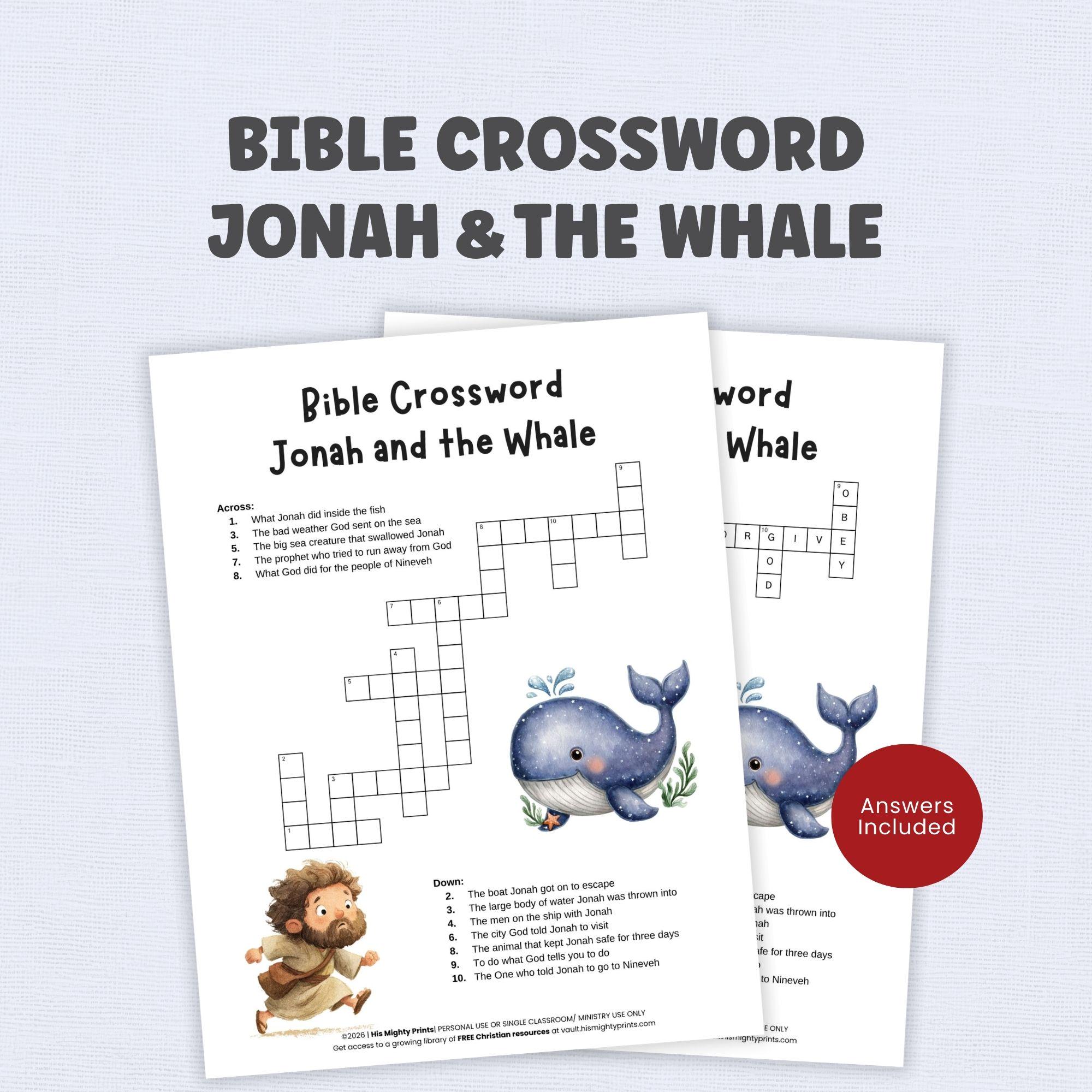 Jonah and the Whale, Crossword Puzzle, Sunday School Activity for Kids ...