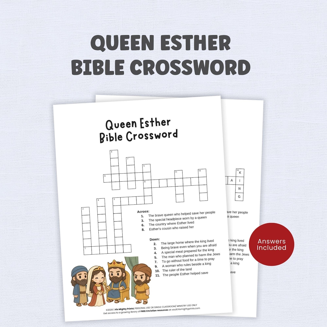 Queen Esther Bible Crossword Puzzle Printable, Sunday School Activity ...