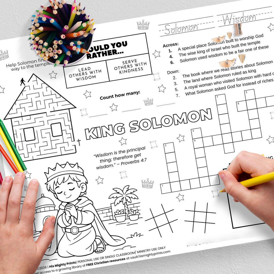 King Solomon Activity Placemat, Proverbs 4 Scripture Coloring Worksheet ...
