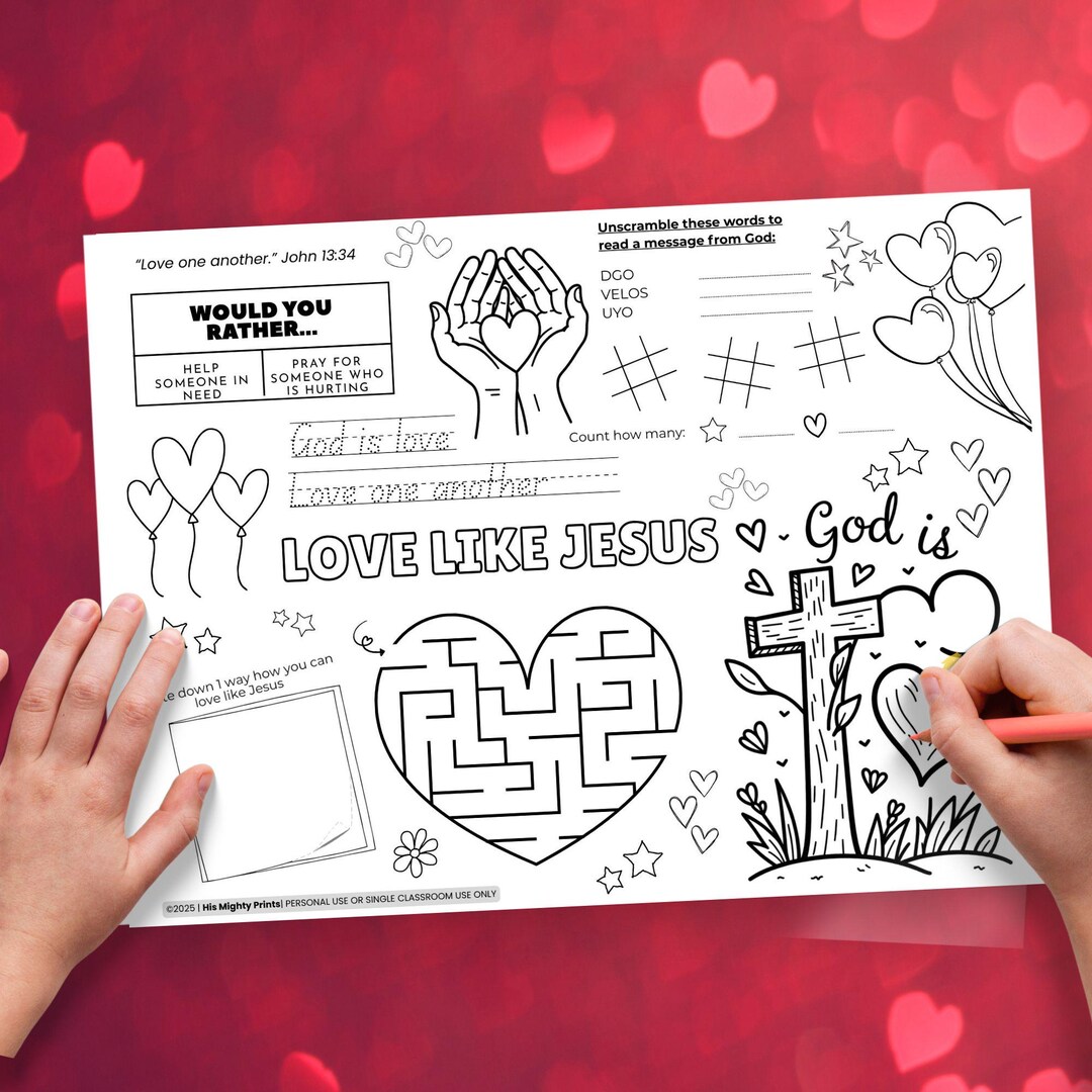Christian Activity Placemat, Love Like Jesus Valentine’s Day Coloring ...
